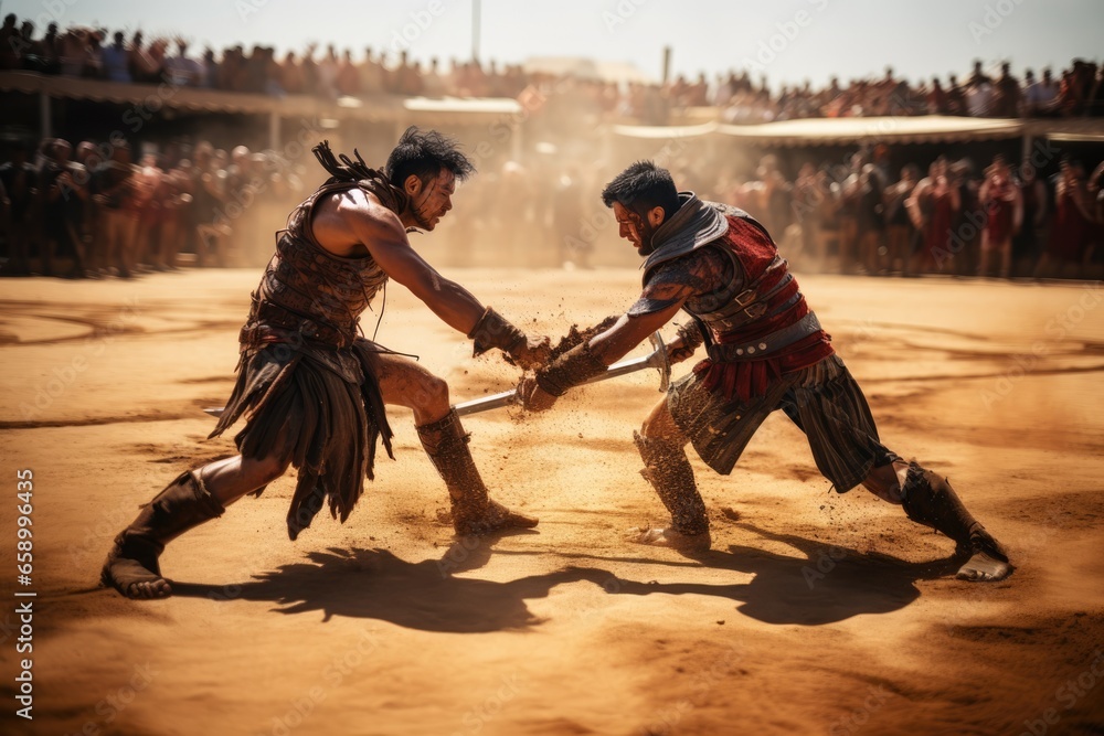 crowd cheering in the arena. gladiators fighting until death. roman ...