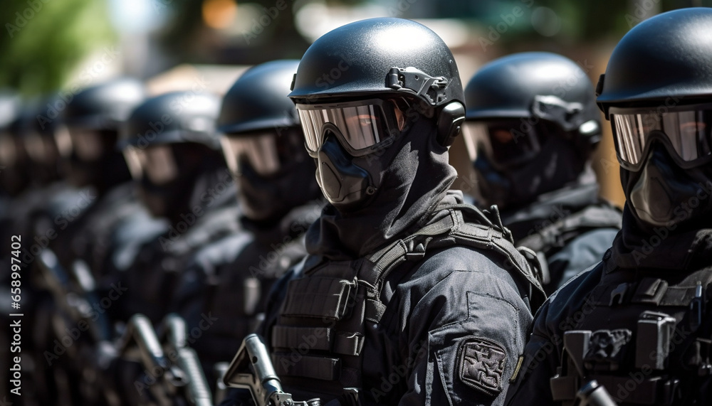 Special police unit SWAT team officer standing in a row. Masked Team of ...