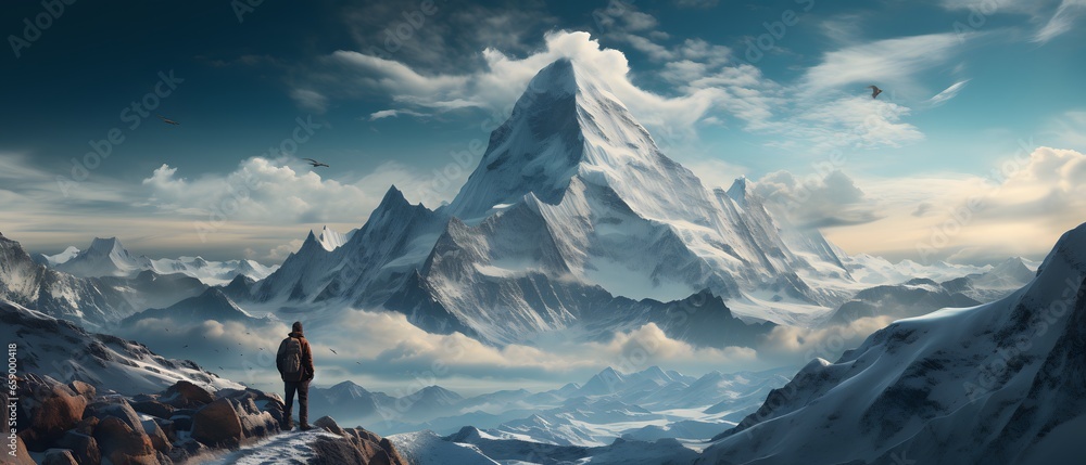 a climber ona group mountaineer looking at peak they are trying conquer ...