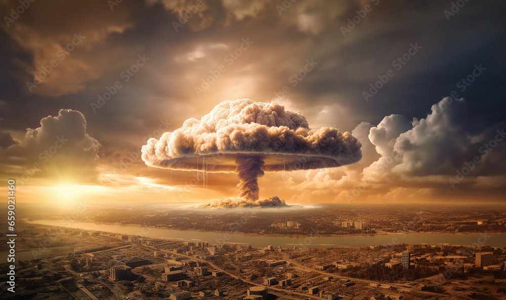 Nuclear boms. Atomic bomb explosion on landscape with copy space ...