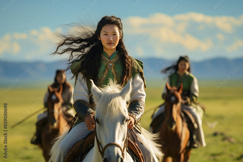 Genghis Khan and his Family Ancient Mongolian Girl Woman Riding Horses ...