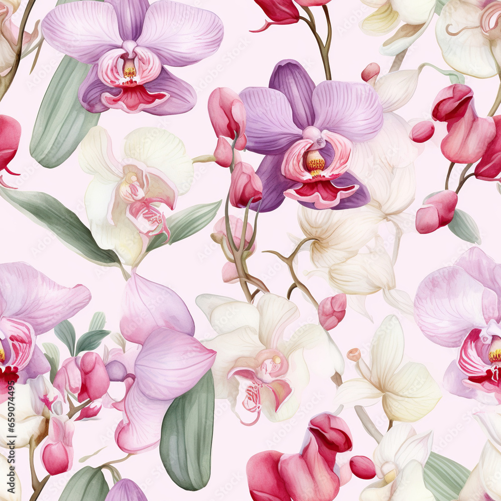 Orchids Watercolor Flowers Medley Floral Seamless Patterns Stock ...