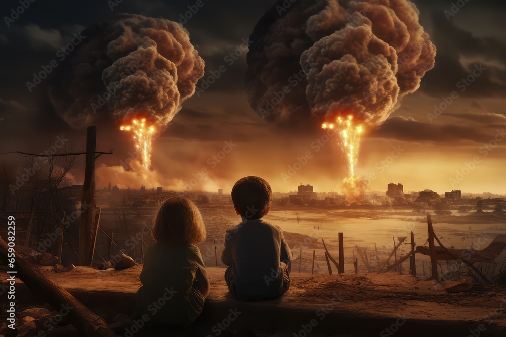 Little boy and girl sitting at table and looking at nuclear explosion ...