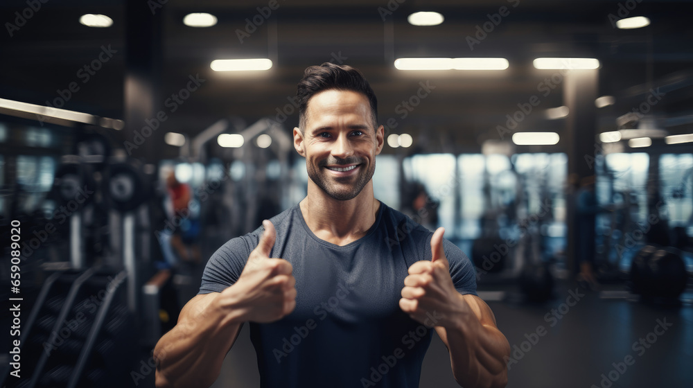 A fitness coach, in a gym setting, enthusiastically holds both thumbs ...