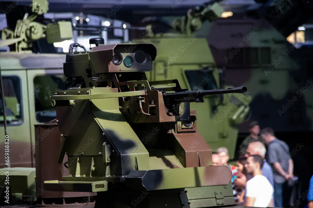 Armored combat vehicle painted in camouflage colors, armed with lethal ...