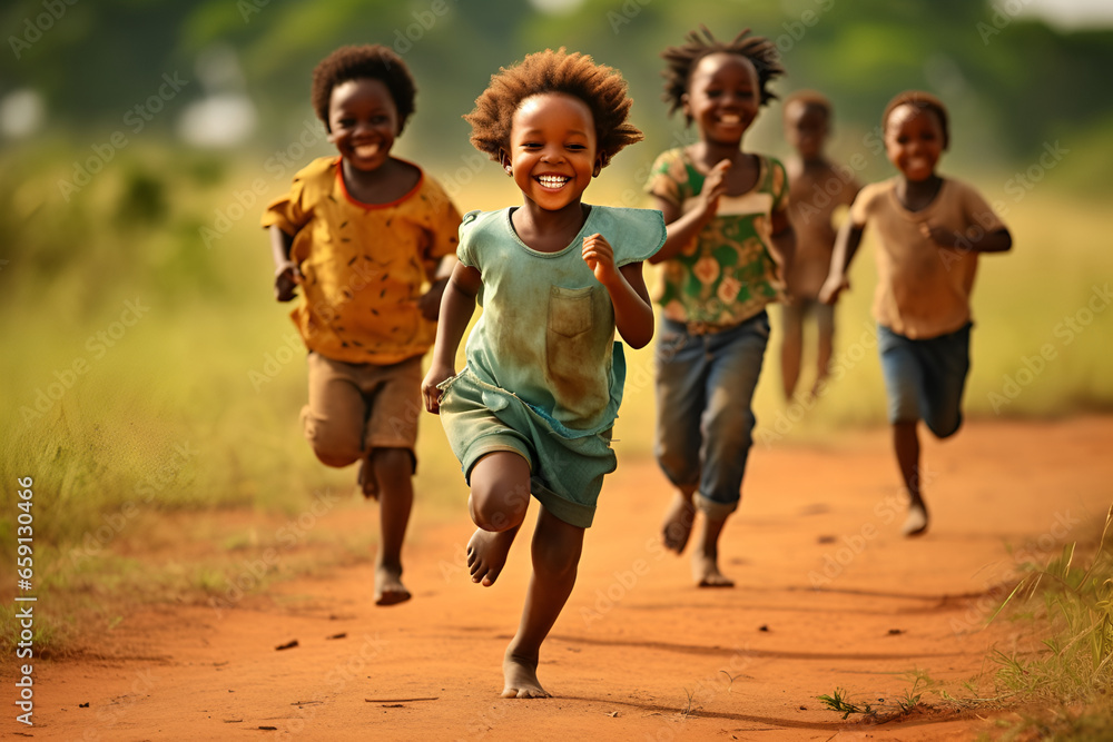 Small children run barefoot along a dirt road in Africa. Dream concept ...