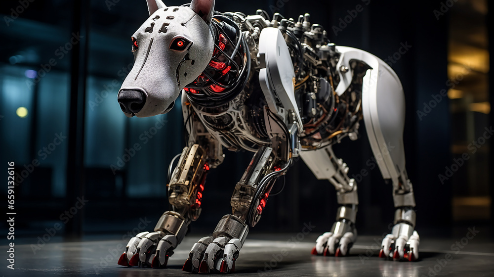 Futuristic military cybernetic robot dog, bull terrier breed. A dog ...