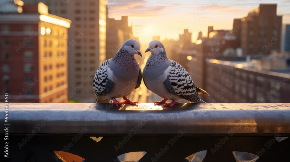 Feathered friends in the city: Pigeons cuddle on a rooftop railing ...
