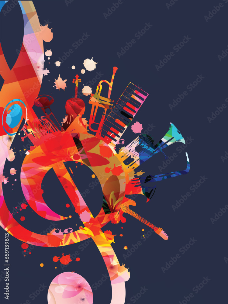 Colorful musical poster with G-clef, LP vinyl record disc and musical ...
