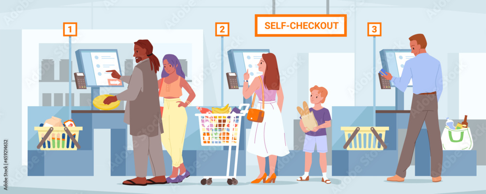 เวกเตอร์ Stock Self service at checkout in supermarket vector ...