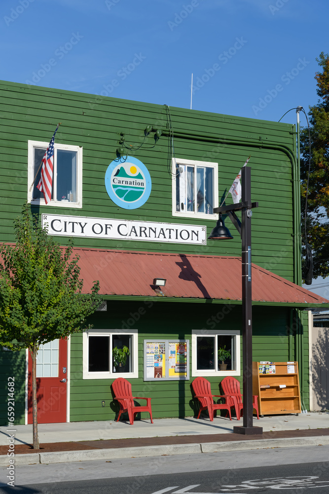 Carnation, WA, USA - October 8, 2023; City of Carnation green wooden ...