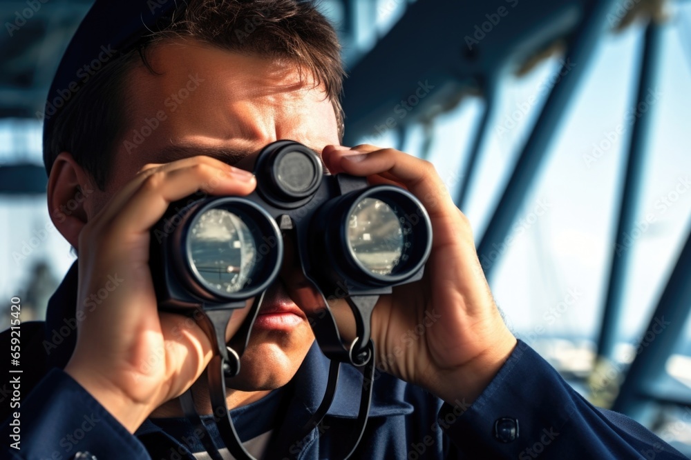 Closeup of a sailor on a naval ship, standing guard with binoculars on ...