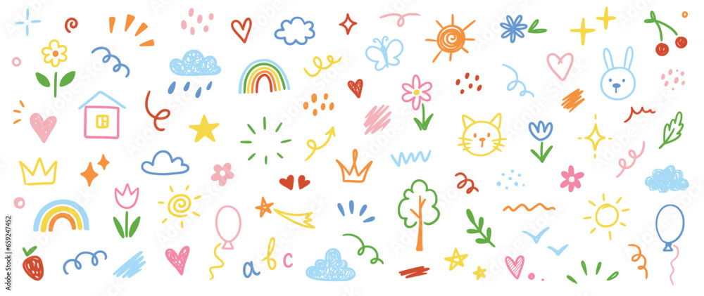 Cute kid scribble line flower, heart. rainbow background. Hand drawn ...