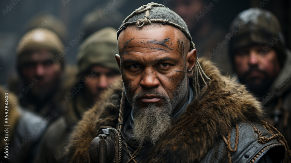 Norse Viking men, dressed in typical Viking attire, with a bald and ...