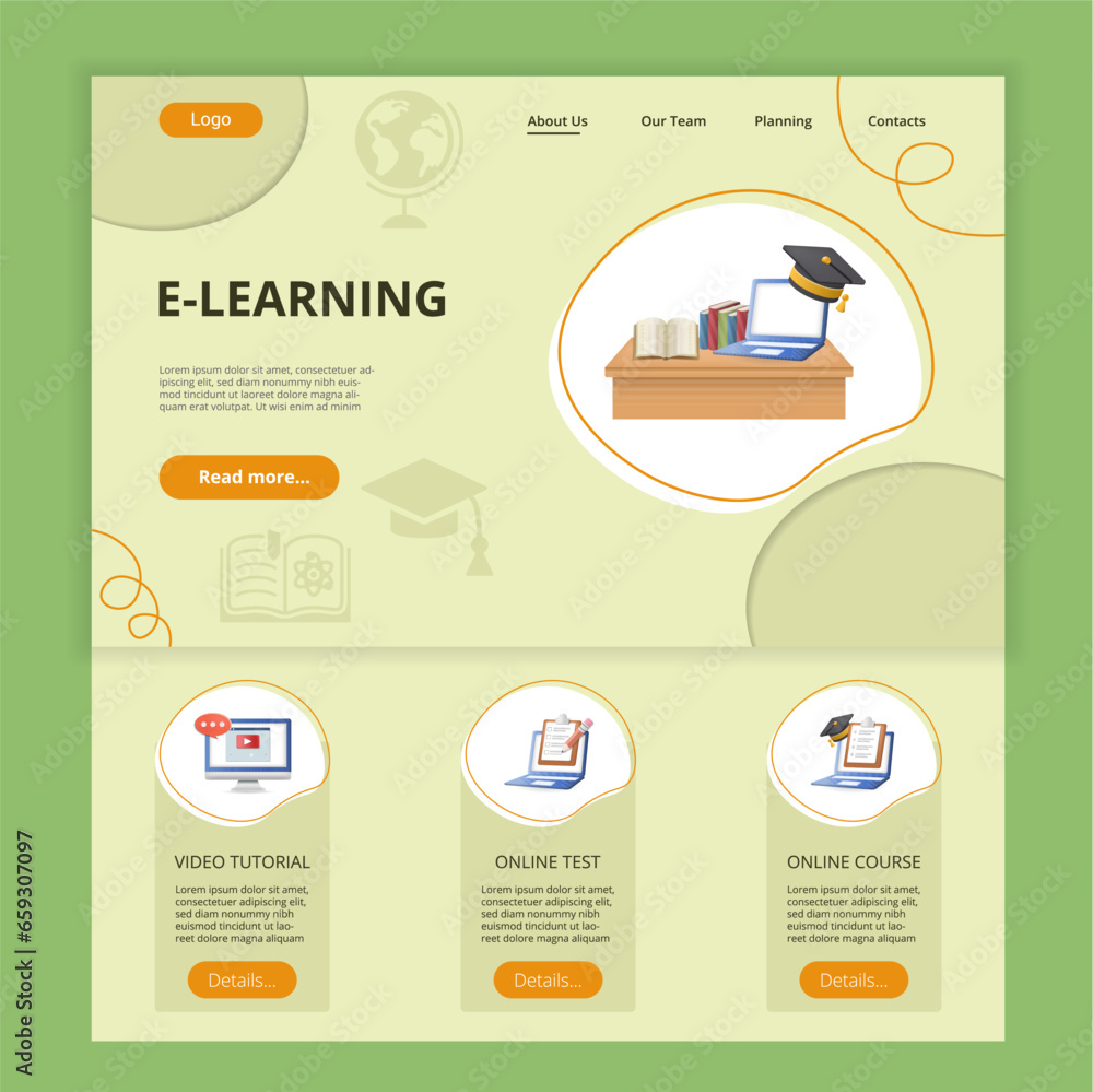 E-learning flat landing page website template. Video tutorial, online ...
