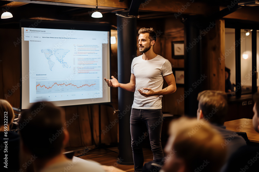 A startup founder passionately delivering a pitch presentation in front ...