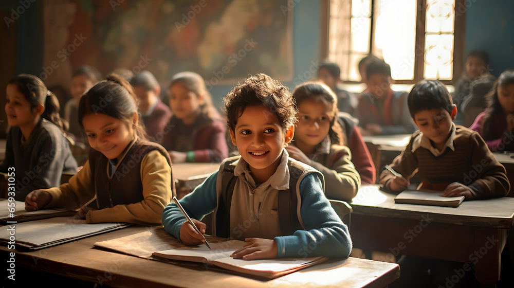 girls and boys studying together in a vibrant classroom, celebrating the equal access to ...