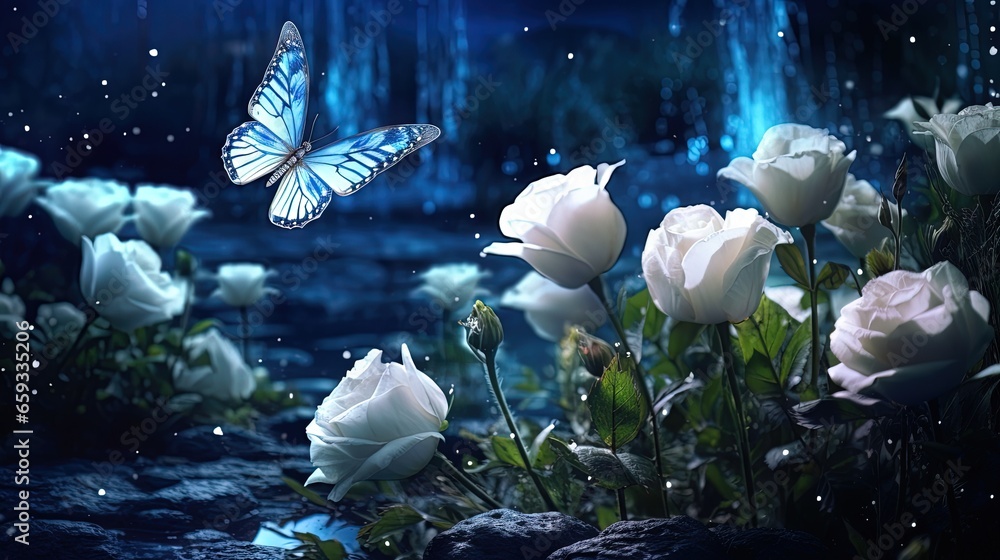 Fantasy Eustoma flowers garden and blue butterfly in enchanted fairy tale dreamy forest ...