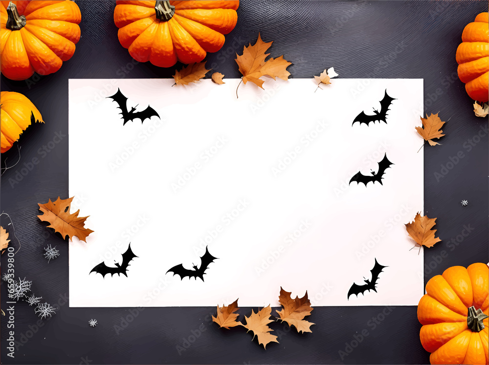 Halloween frame with with pumpkins jack o lantern, bat, empty board ...