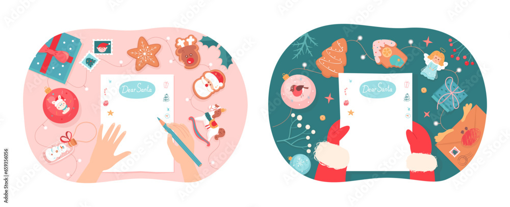 Christmas letter, top view set vector illustration. Cartoon kids hand ...