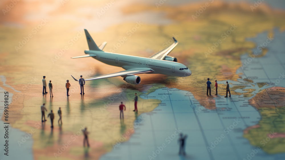 Miniature people. People waiting for plane on map. Generative AI Stock ...