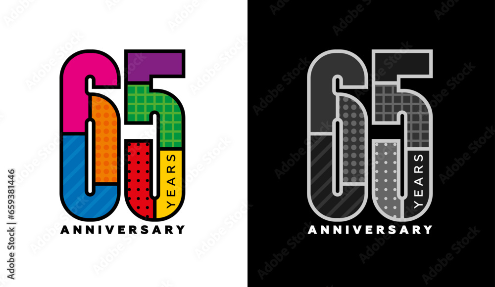 Set of logos for 65th anniversary, sixty fifth birthday, colorful logo ...