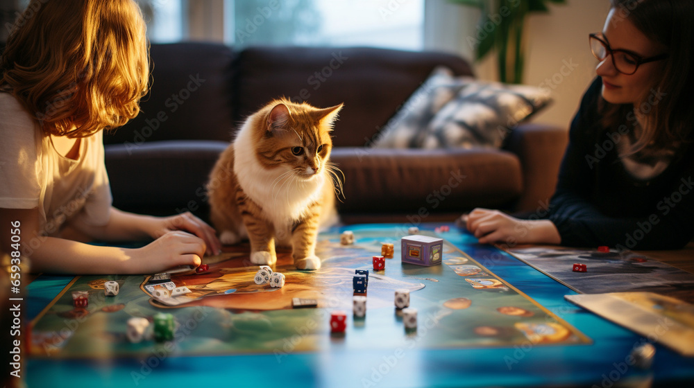 A board game night at home with a pet owner and their pets ...