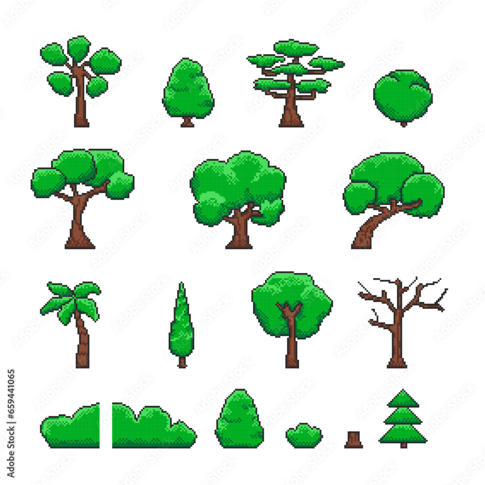 Set of pixel trees and bushes, forest elements 8-bit sprite. 8 bit video game UI elements, trees ...