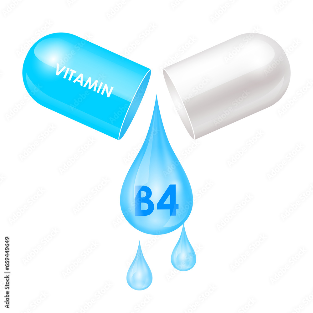 Capsule vitamin B4 (Thiamine) structure blue, white opened as drop of ...