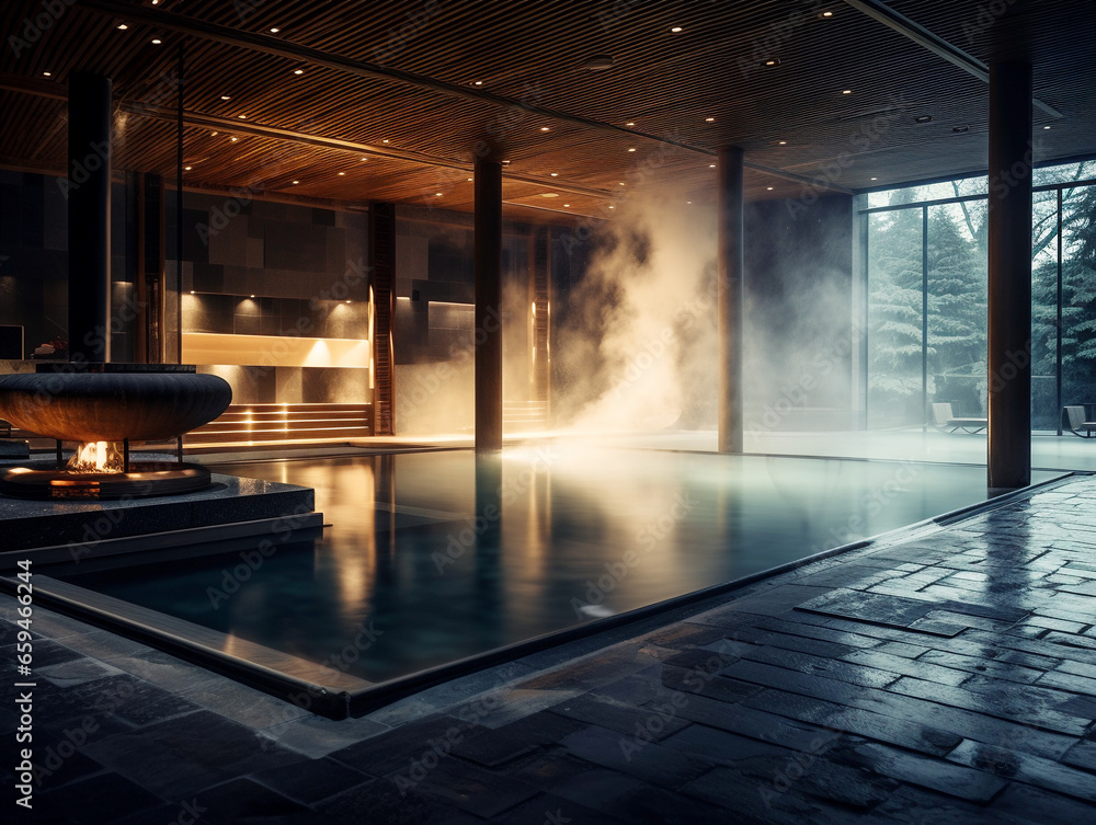 Villa indoor swimming pool with cedar ceiling, water cauldron heater ...
