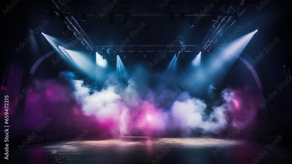 Empty night club stage illuminated with red and blue spotlights. Retro ...