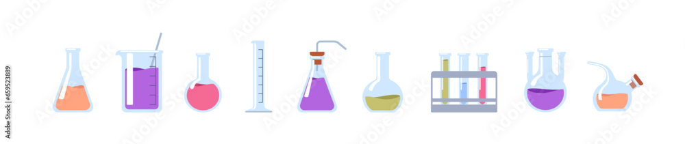Lab glassware set. Chemistry laboratory samples in glass tubes, flasks ...