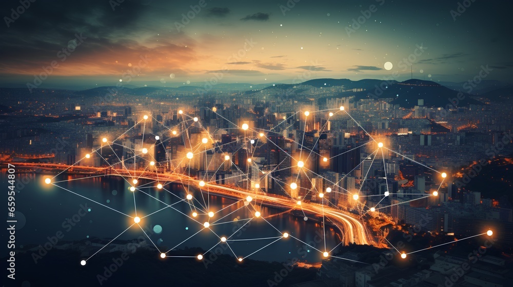 Cityscape of urban connections and business environment with wireless ...
