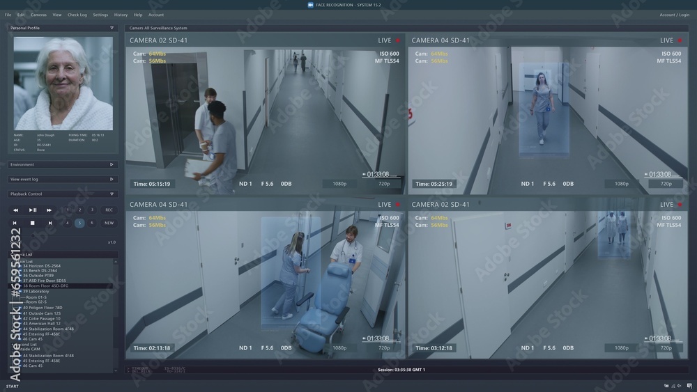 Playback CCTV cameras in modern hospital on computer screen. User ...