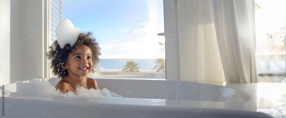 banner bath time, little african American child girl taking bubble bath ...