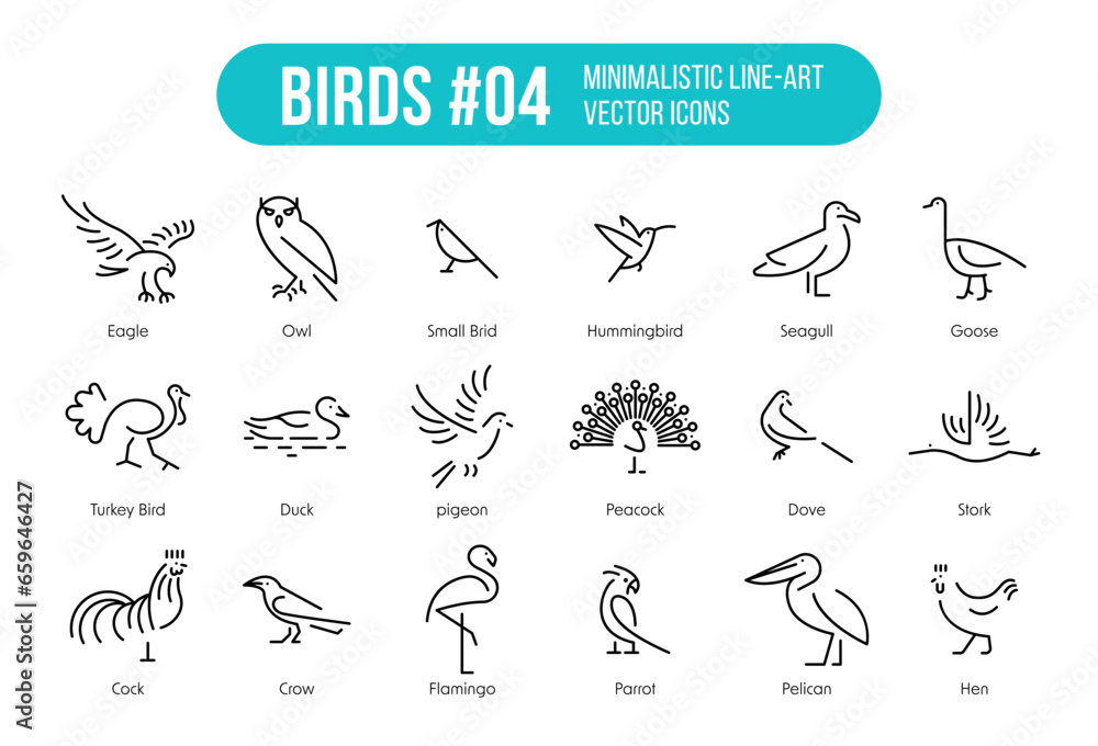 Bird Icons – Pack with eighteen types of birds with names. Trendy ...
