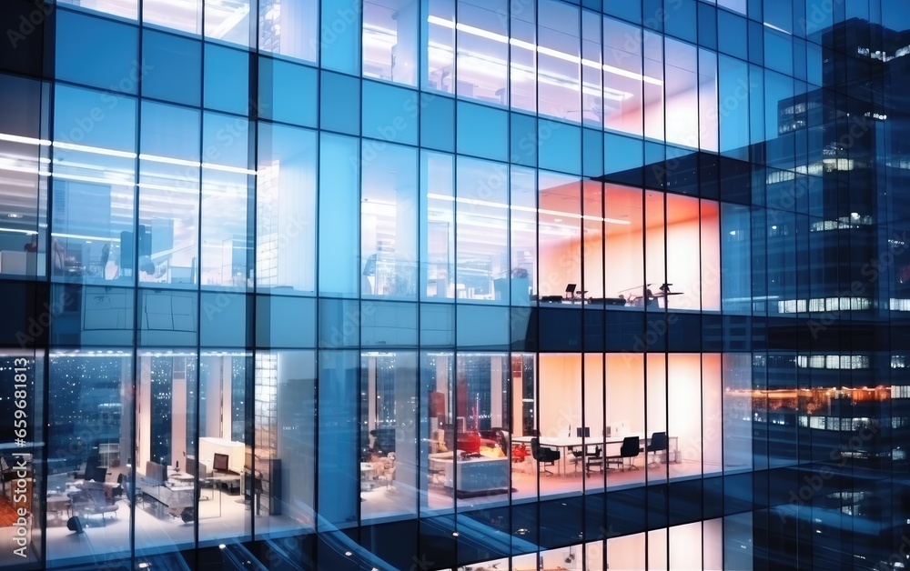 A transparent glass office building brightly lit with people working ...