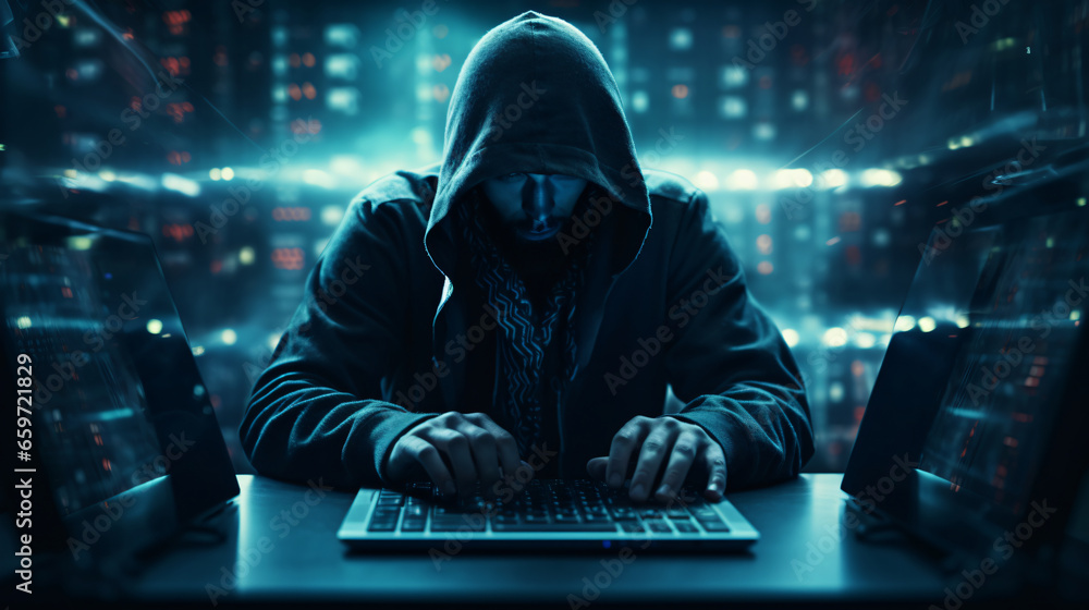 cybersecurity vulnerability and hacker, coding, malware concept. Hooded computer hacker in ...
