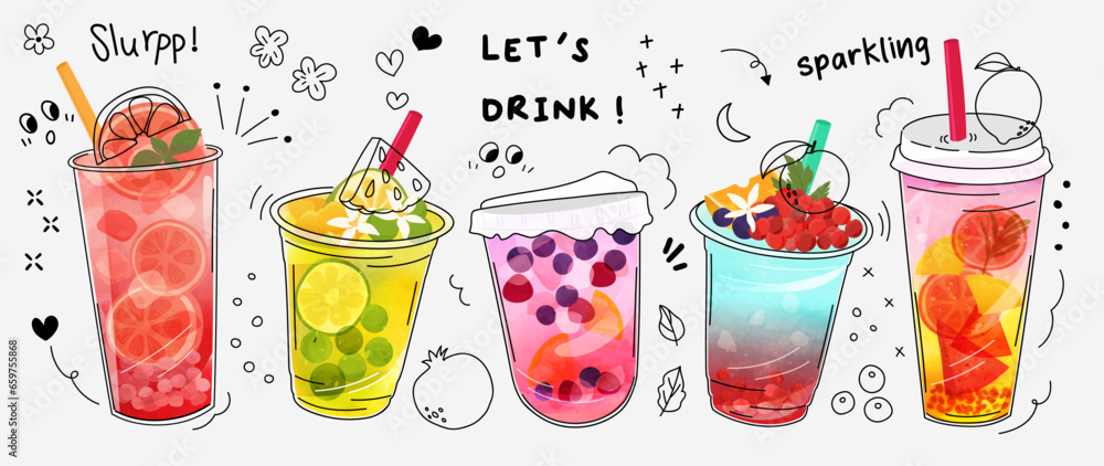 Fresh smoothies and sparkling drinks design with cute doodle decoration ...