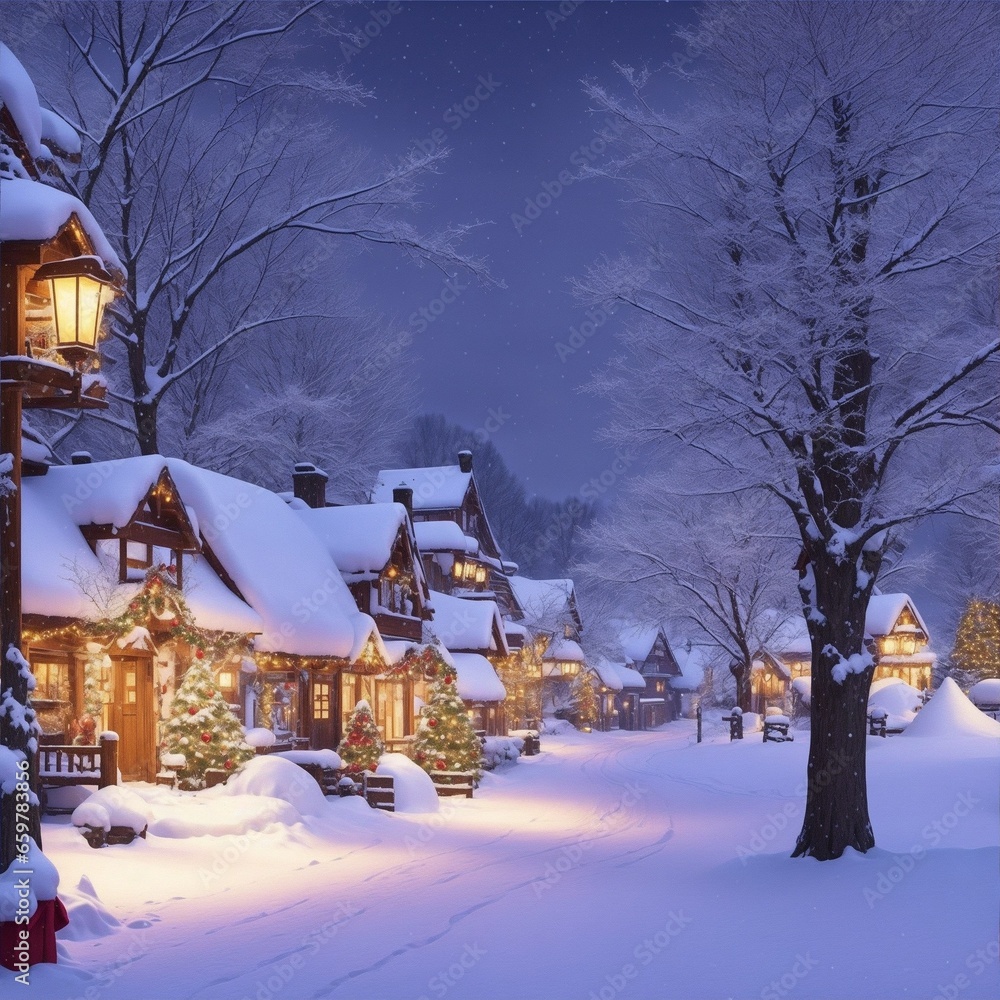 winter Snowing village Christmas decorations Night time , snow , light ...
