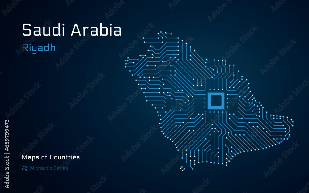 Abstract map of Saudi Arabia with Microchip pattern. Riyadh Capital ...