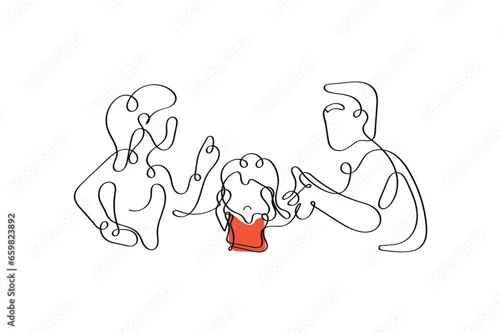 Continuous line art vector of parents fighting and their kid suffering ...