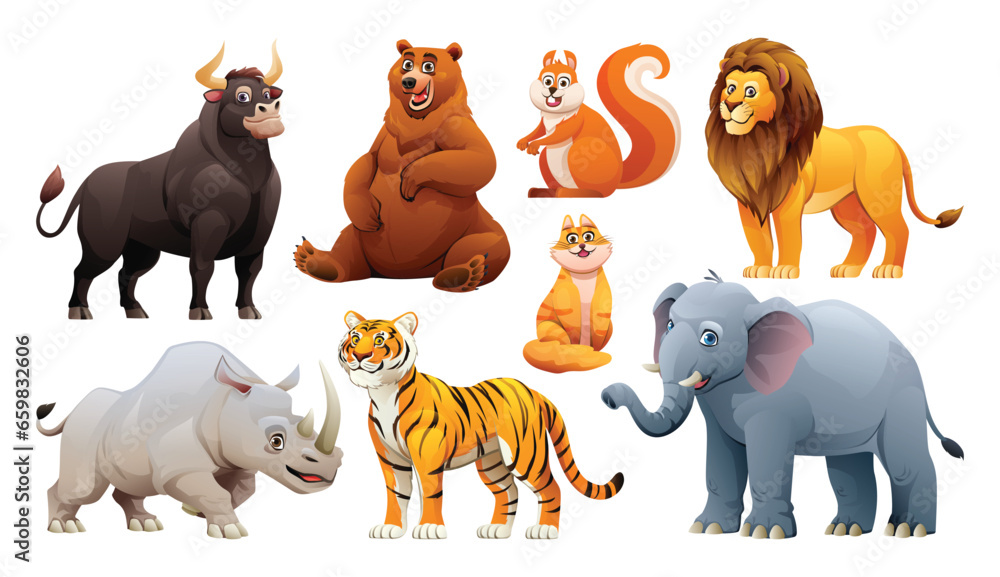 Set of animals vector cartoon illustration. Bull, bear, squirrel, lion ...