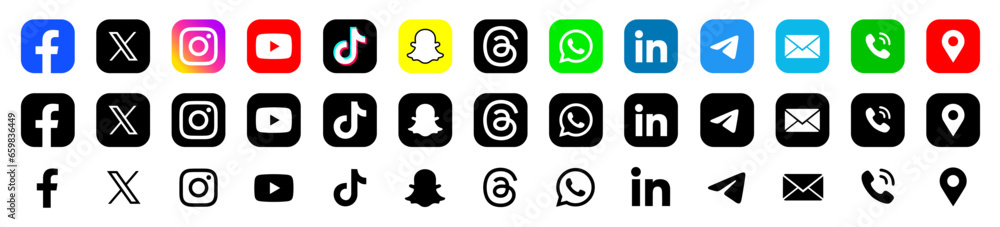 social media icons buttons. social media logo set , facebook, instagram ...