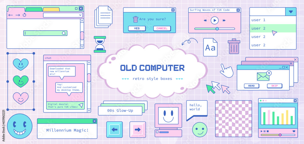 Retro Y2K Digital Interface. Old Computer Desktop Design with Pastel ...