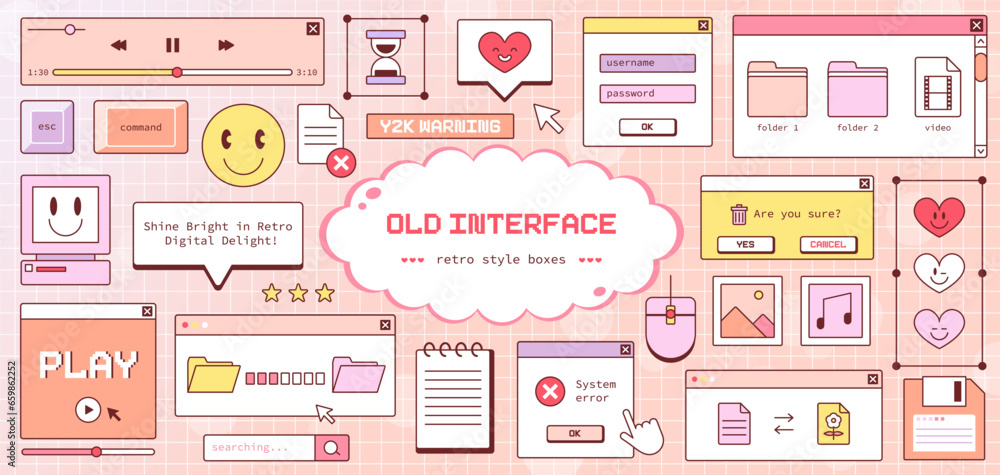 Mega Collection Pack of Y2K Old PC Computer Elements. Retro Pink Orange ...