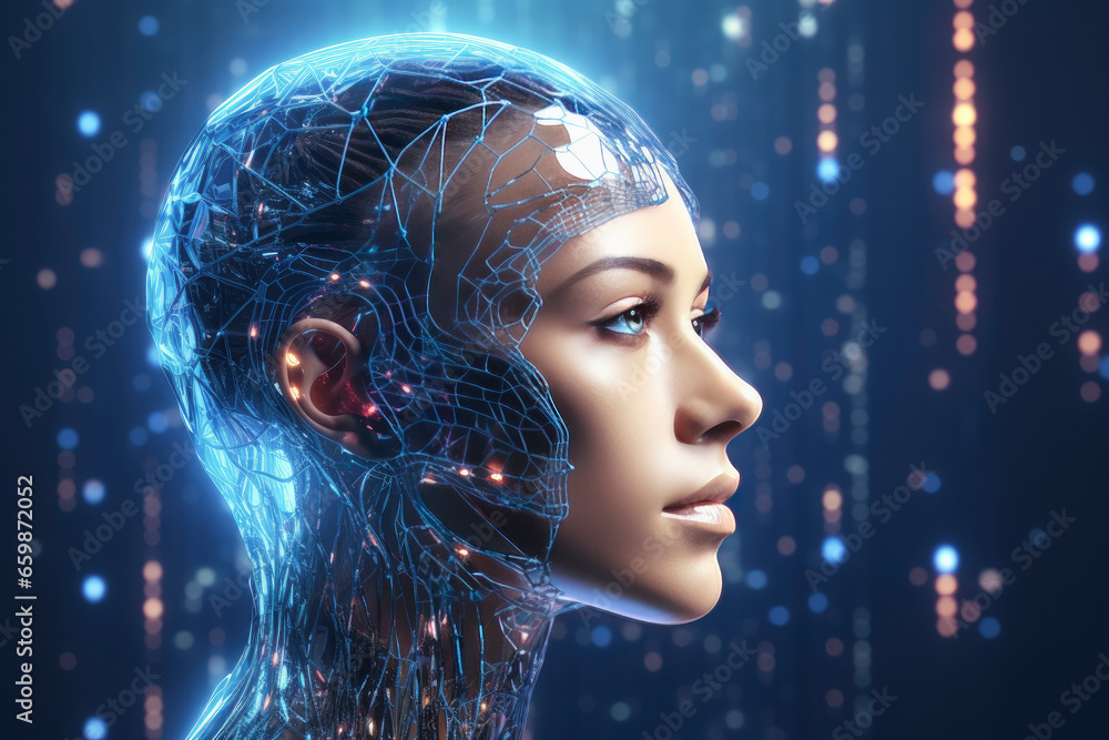 3D Illustration of a female android with a human face and robotic body ...