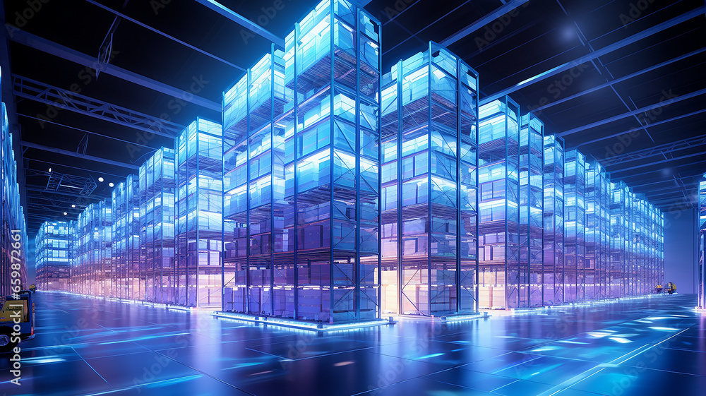 warehouse technology of the future, warehouse program, neon background ...