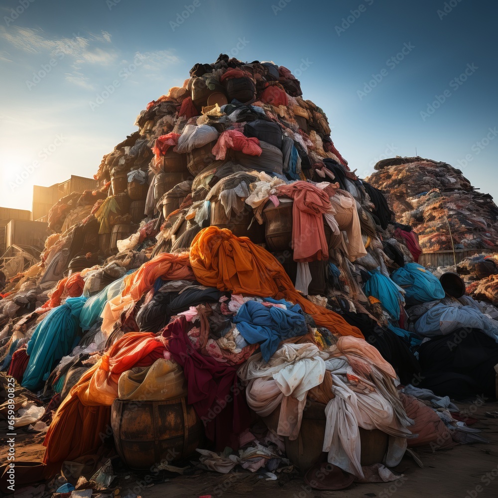 mountain of discarded clothes, textile waste, consumption problems and ...