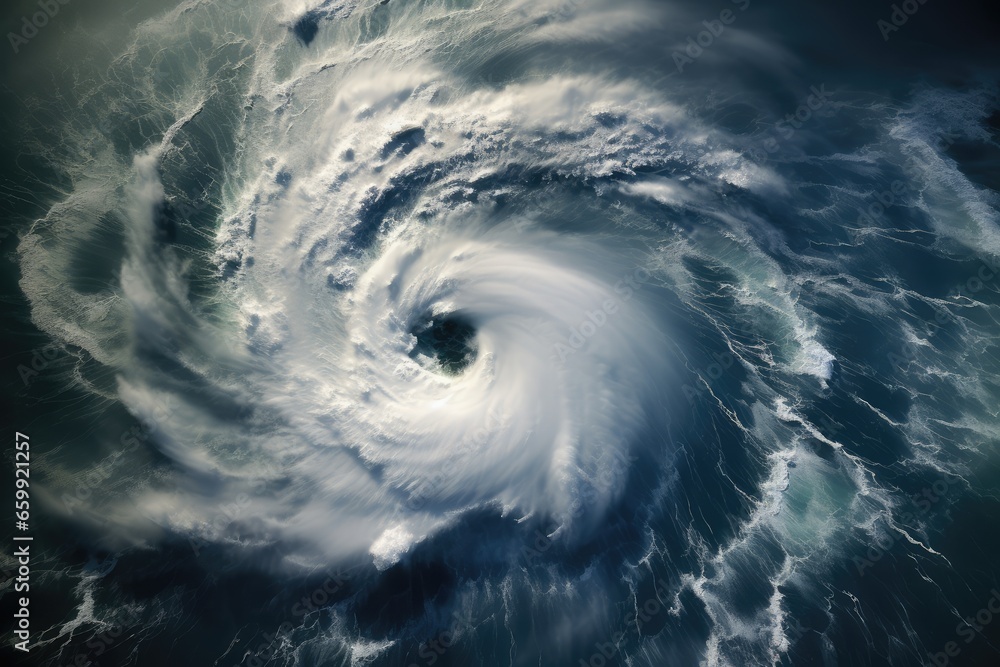 Tropical storm typhoon and cyclone hurricane from the sky. Extreme weather and climate change ...